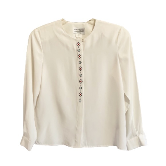 Vintage | Tops | Vintage Blouse Twee Embroidered Placket Long Sleeve ...